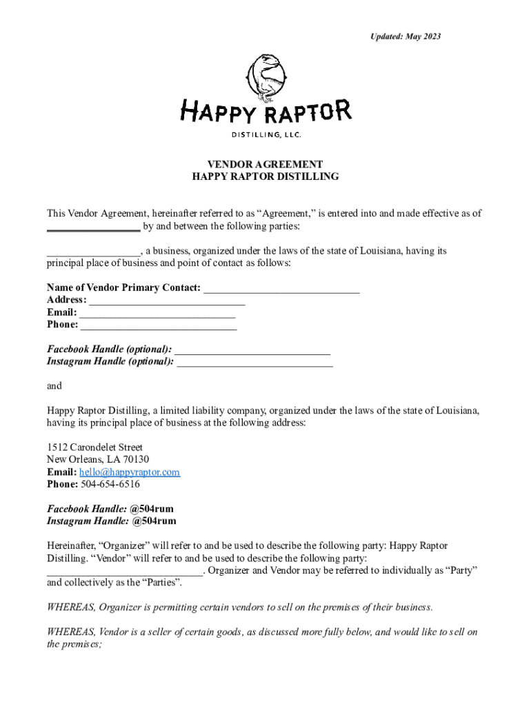 Fillable Online Vendor AgreementHappy Raptor DistillingMay 23.docx Fax ...