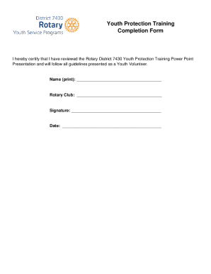 Fillable Online Youth Protection Training Completion Form Fax Email ...