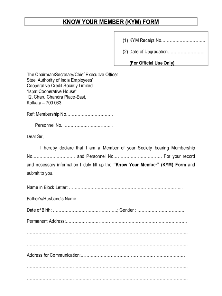 Fillable Online KNOW YOUR MEMBER (KYM) FORM Fax Email Print - pdfFiller