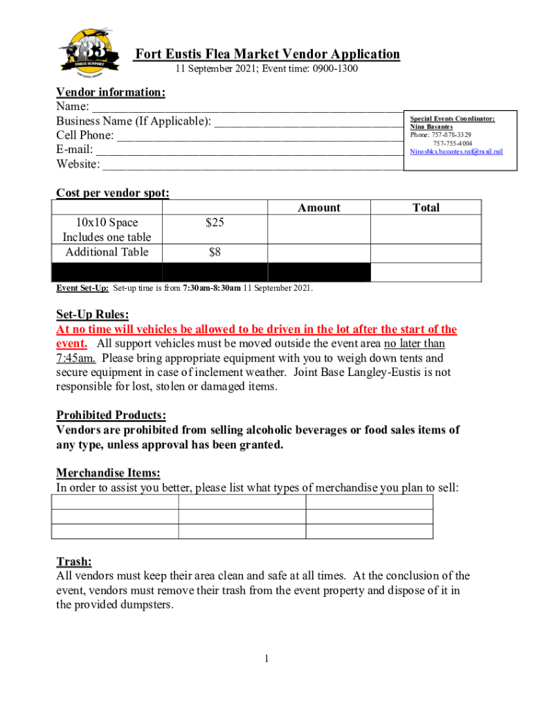 Fillable Online Fort Eustis Flea Market Vendor Application Fax Email ...