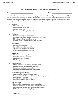 Fillable Online Beck Depression Inventory PC Patient Self Evaluation ...
