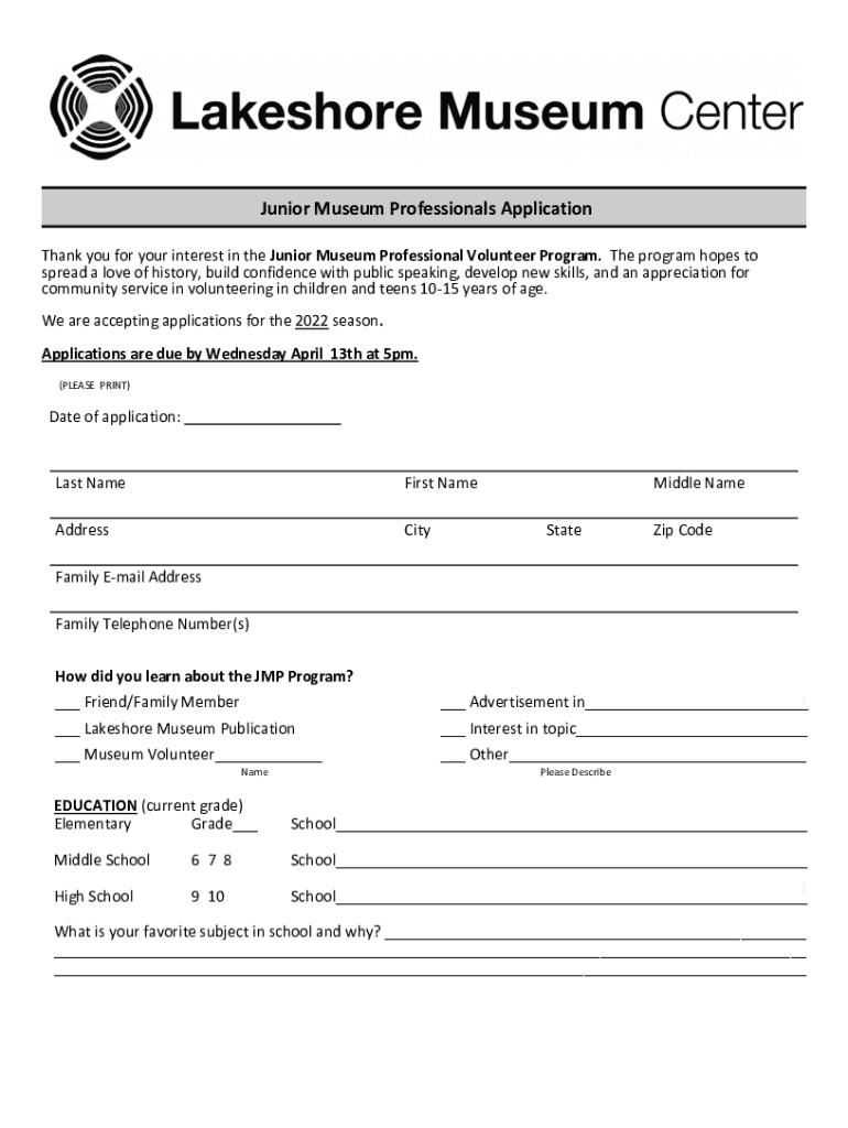 Fillable Online Junior Museum Professionals Application Fax Email Print ...