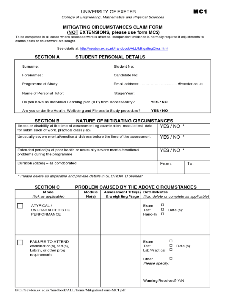 Fillable Online MITIGATING CIRCUMSTANCES CLAIM FORM (NOT ... Fax Email ...
