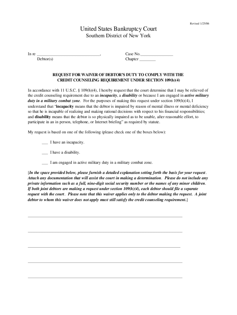 Fillable Online Request For Waiver Of Debtors Duty To Comply WIth ...