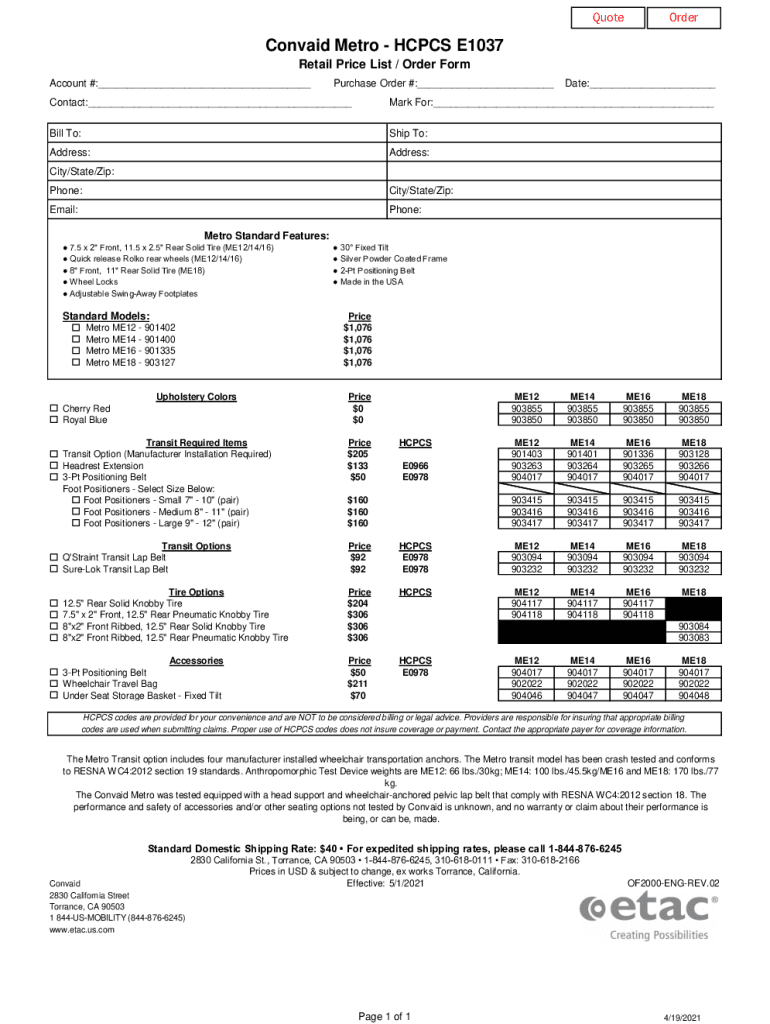 Fillable Online Get the free Convaid Metro HCPCS E1037 Retail Price ...
