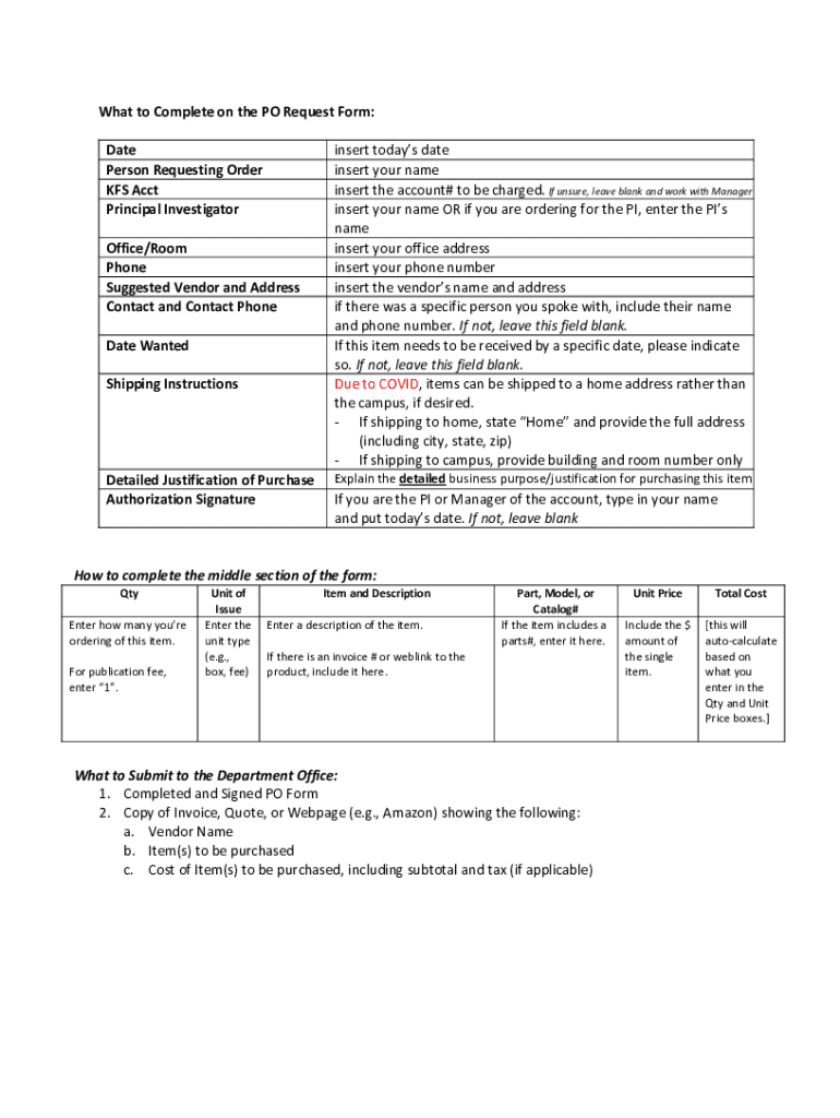 Fillable Online What to Complete on the PO Request Form: Date insert ...