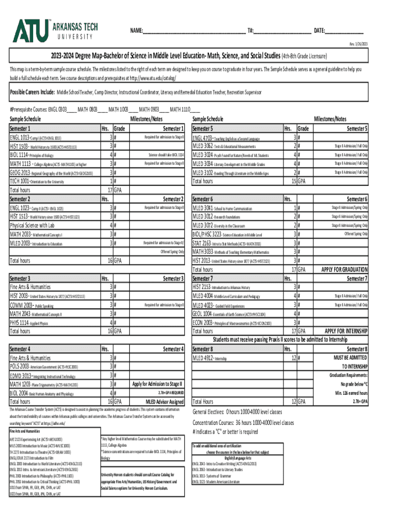 Fillable Online 2023-2024 Degree Map-Bachelor of Science in Middle Level Education- Math ...