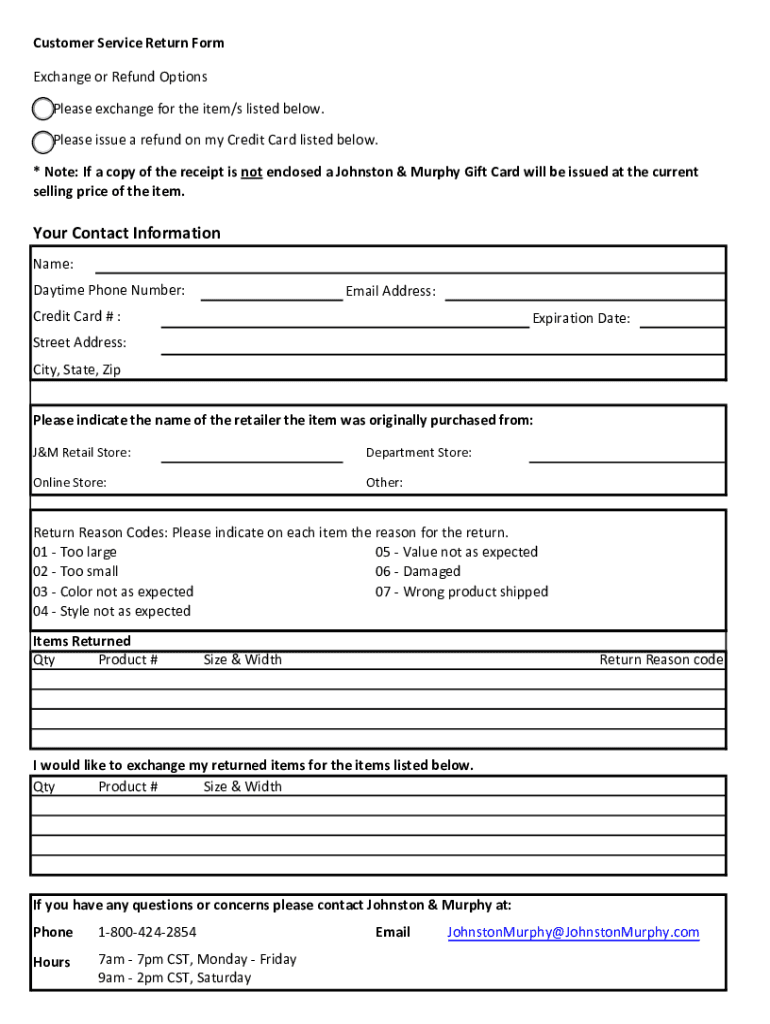 Fillable Online Customer Service Hours: Monday - Friday 7am - 9pm CST ...