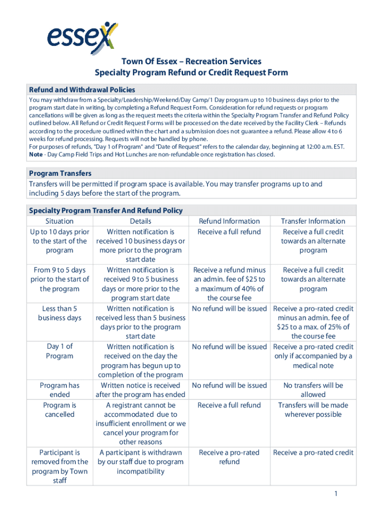 Fillable Online Specialty Program Refund or Credit Request Form ...
