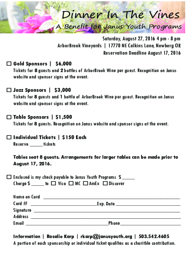 Fillable Online Dinner In The Vines Fax Email Print - pdfFiller