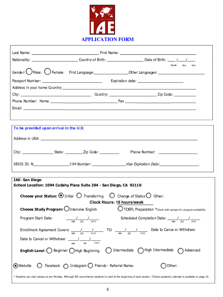 Fillable Online IAE Enrollment Agreement - San Diego Fax Email Print ...