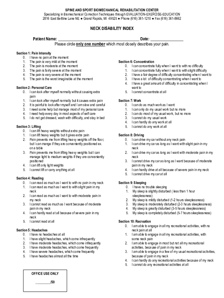 Fillable Online NECK DISABILITY INDEX Fax Email Print - pdfFiller