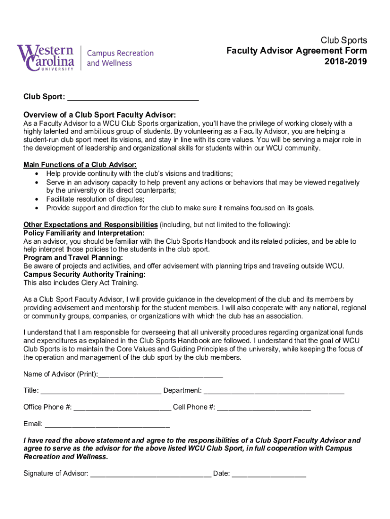 Fillable Online Club Sports Faculty/Staff Advisor Agreement Form Fax Email Print - pdfFiller