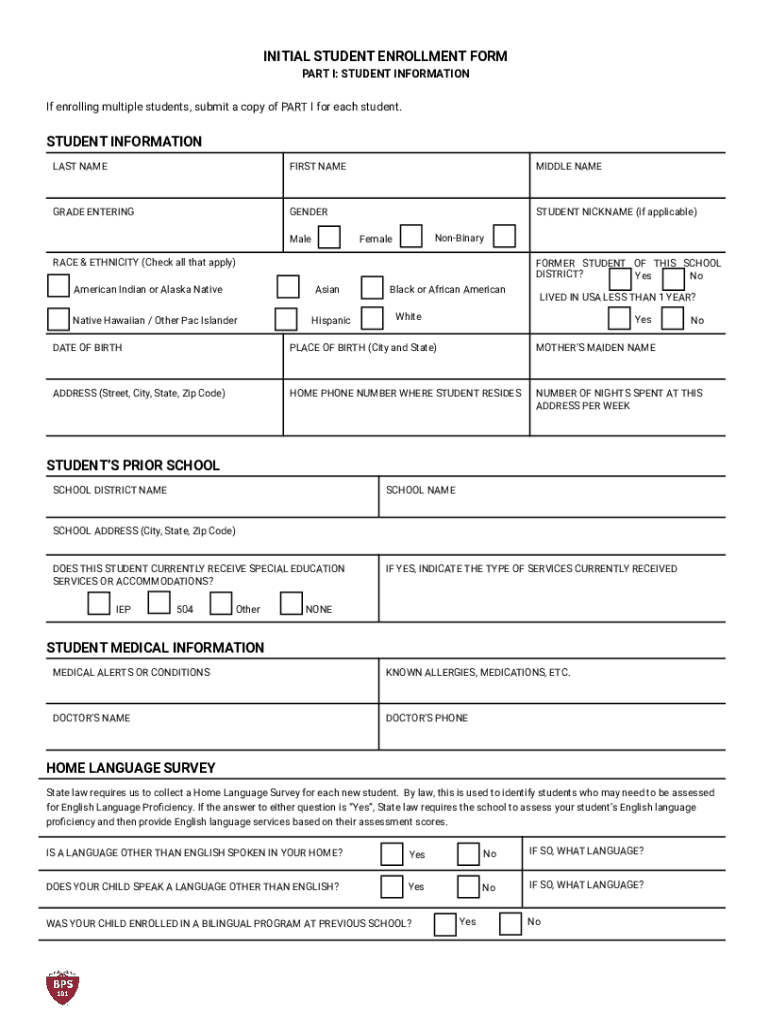 Fillable Online INITIAL STUDENT ENROLLMENT FORM - PART I Fax Email ...