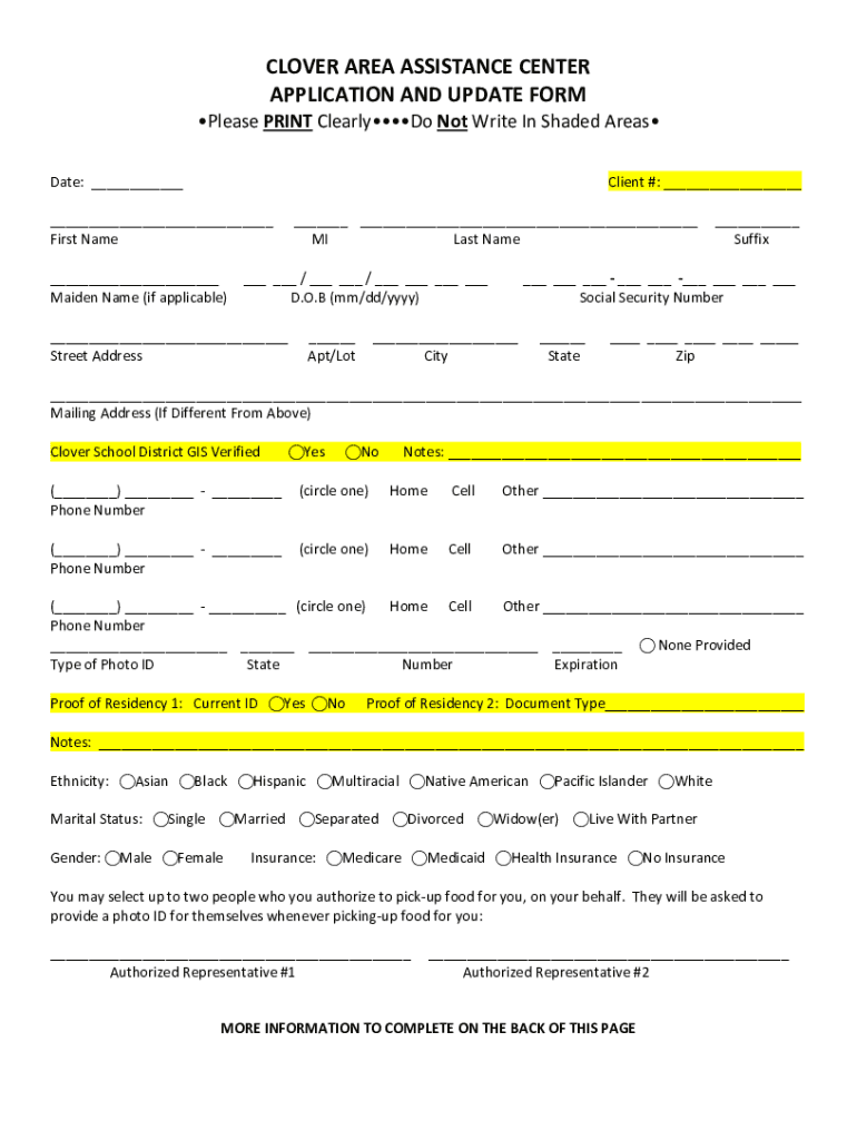 Fillable Online CLOVER AREA ASSISTANCE CENTER APPLICATION ... Fax Email ...