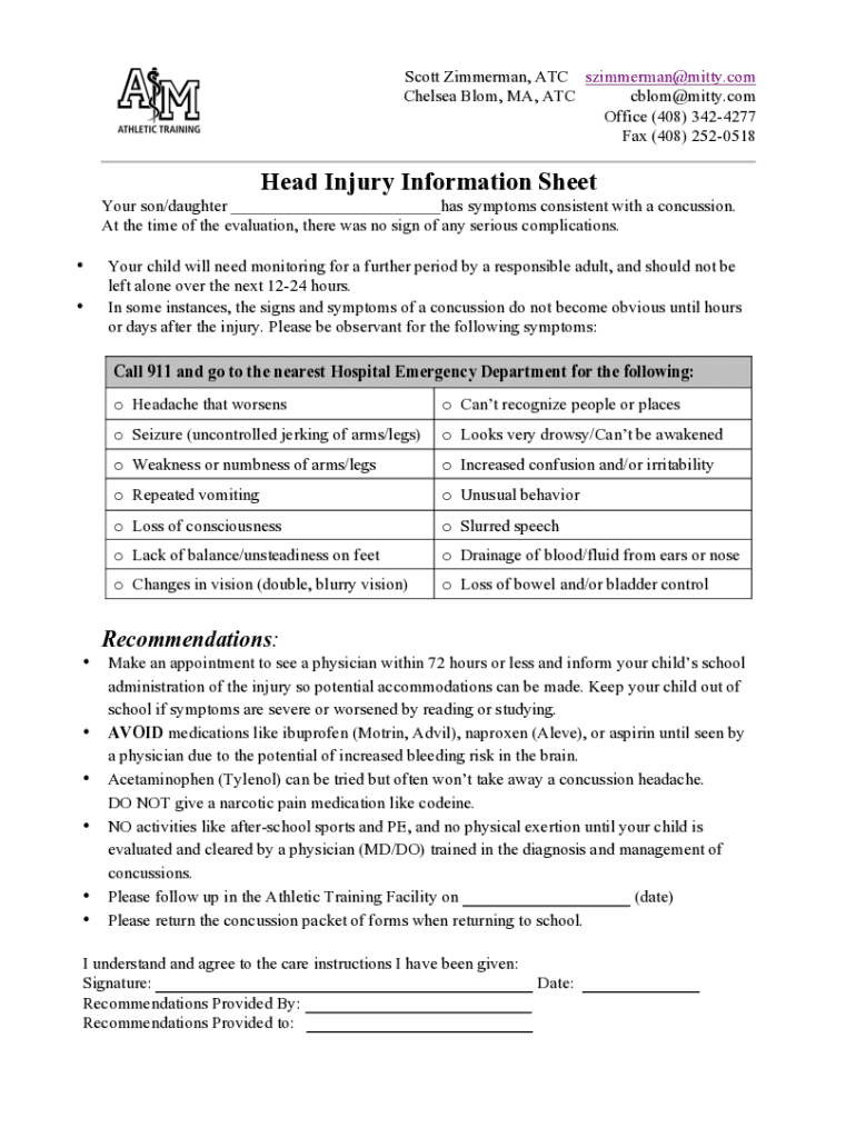 Fillable Online PHYSICIAN CONCUSSION FORM AMHS Athletic Training Fax ...