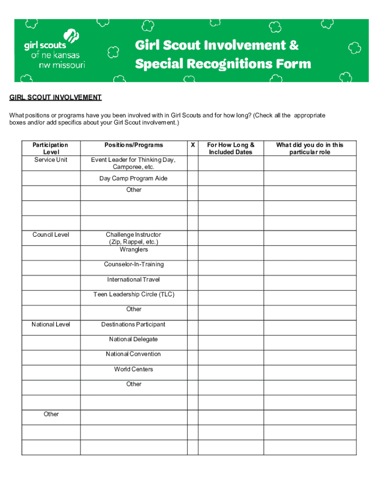 Fillable Online Girl Scout Involvement & Special Recognitions Form Fax Email Print - pdfFiller