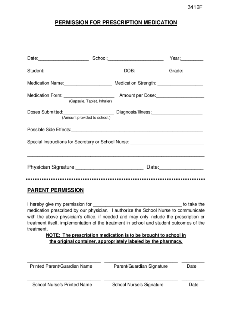 Fillable Online PERMISSION FOR PRESCRIPTION MEDICATION Physician ...