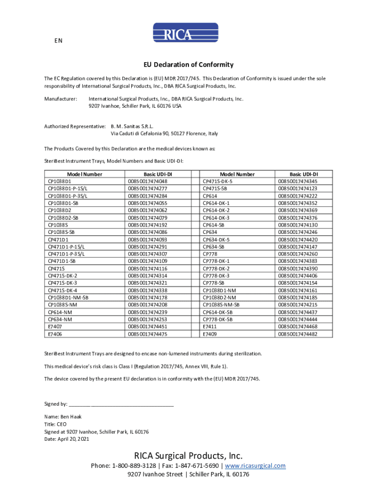 Fillable Online The EC Regulation covered by this Declaration is (EU ...