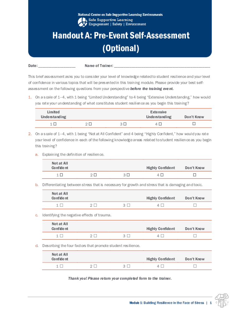 Fillable Online Handout A: Pre-Event Self-Assessment (Optional) (Module ...