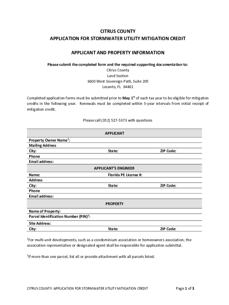 Fillable Online Citrus County Application for Stormwater Utility Mitigation Credit Fax Email ...
