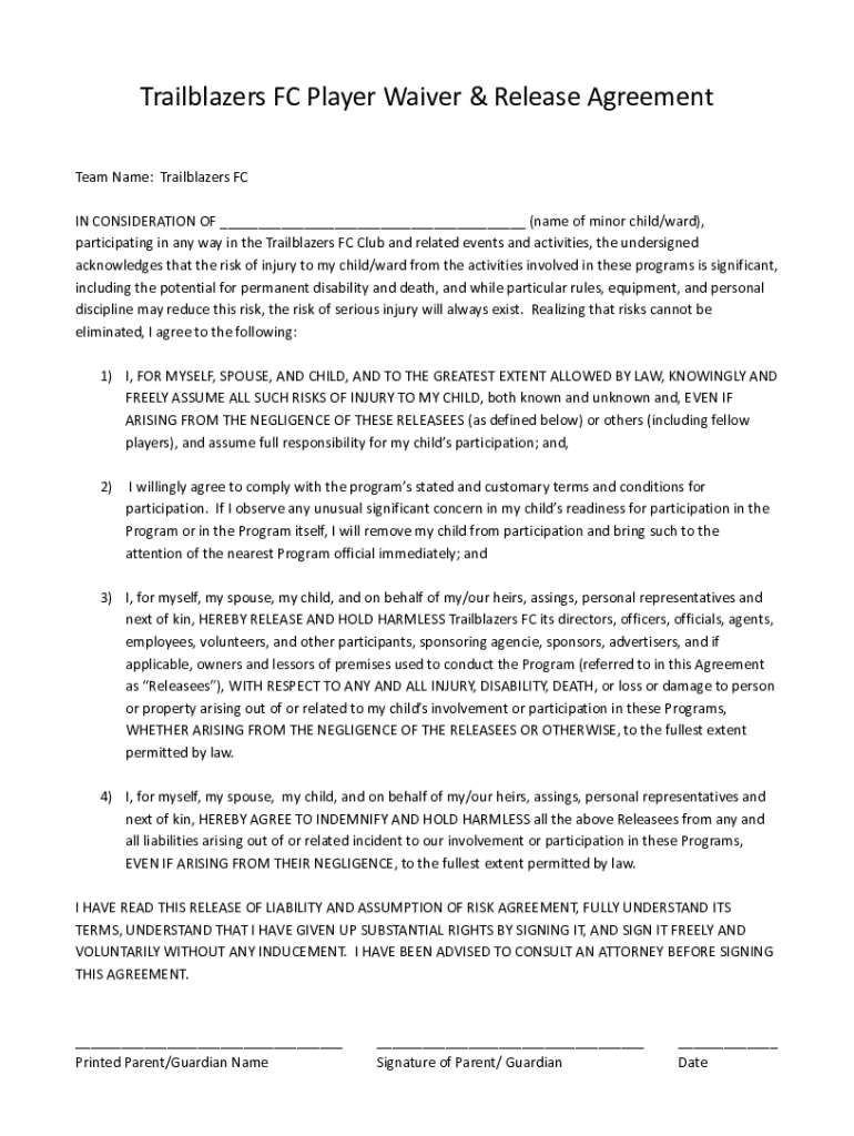 Fillable Online Trailblazers FC Player Waiver & Release Agreement Fax ...