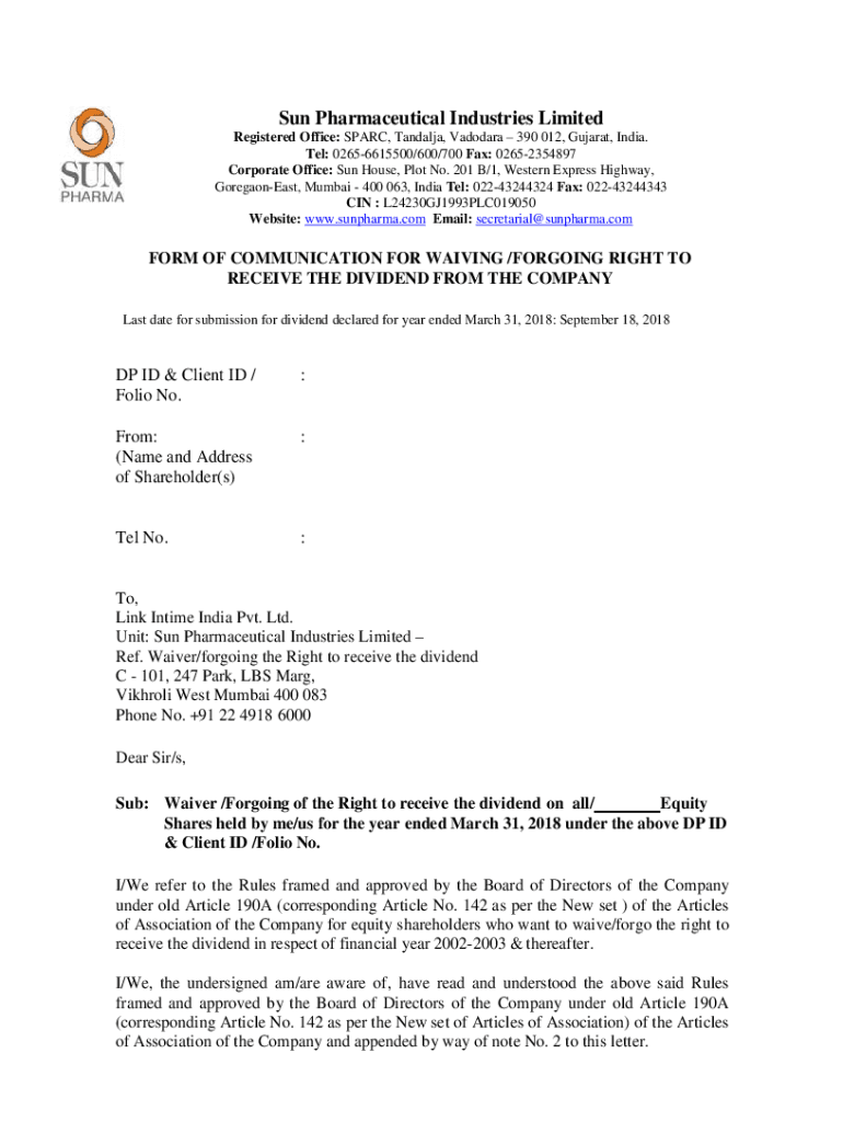 Fillable Online Form for waiver-forgoing right to receice Dividend for ...