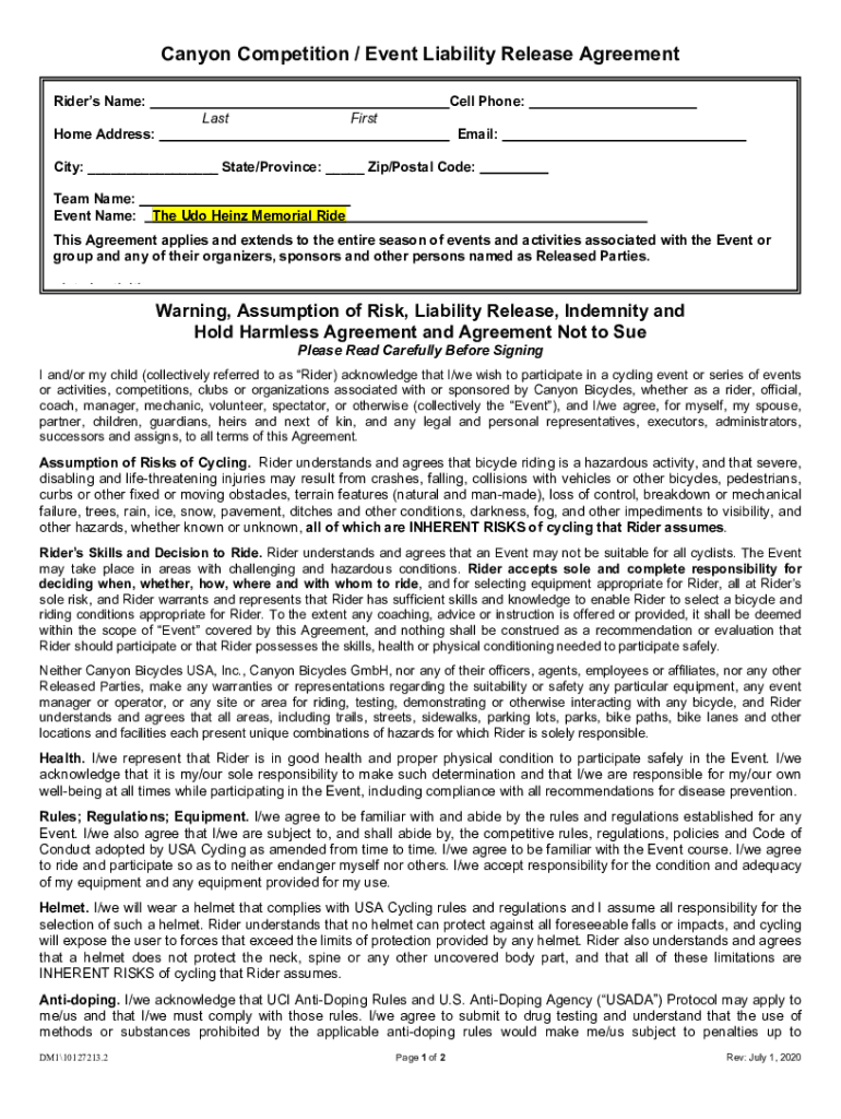 Fillable Online Canyon Competition / Event Liability Release Agreement ...