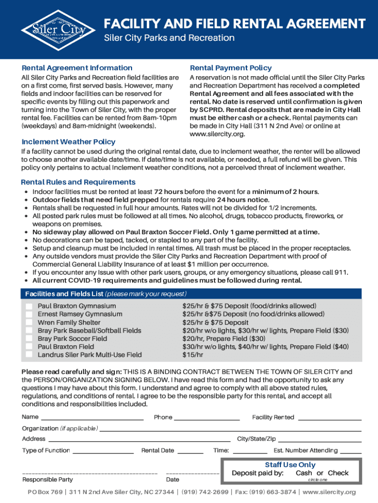 Fillable Online FACILITY AND FIELD RENTAL AGREEMENT Fax Email Print ...