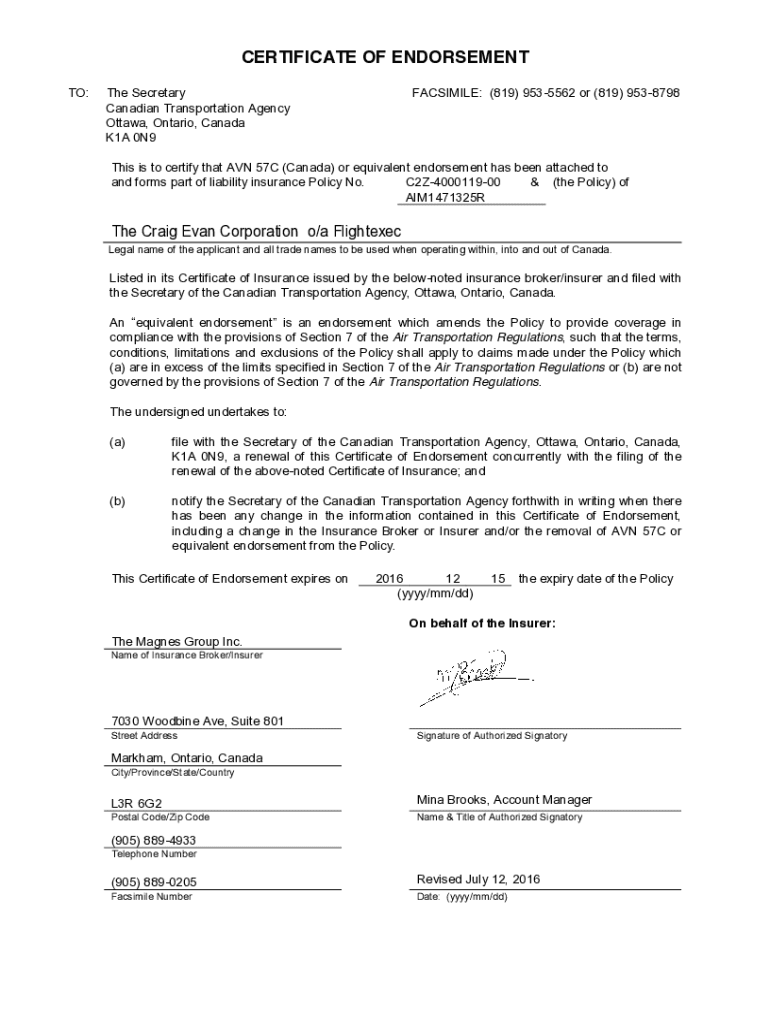 Fillable Online Certificate of Endorsement Fax Email Print - pdfFiller