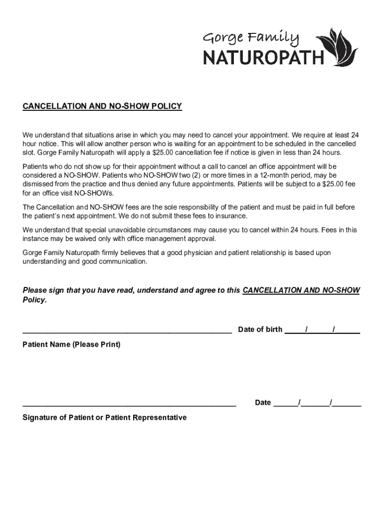 Fillable Online Cancellation and No Show Policy - Pediatric ...