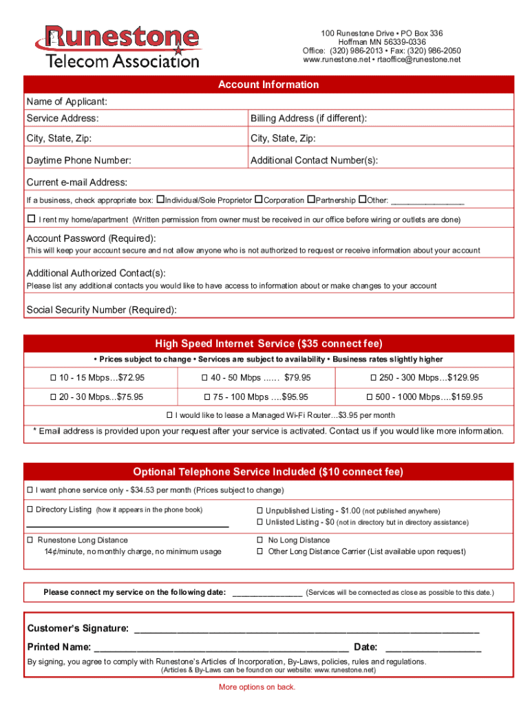 Fillable Online Runestone Telecom Association: Web Links Fax Email ...