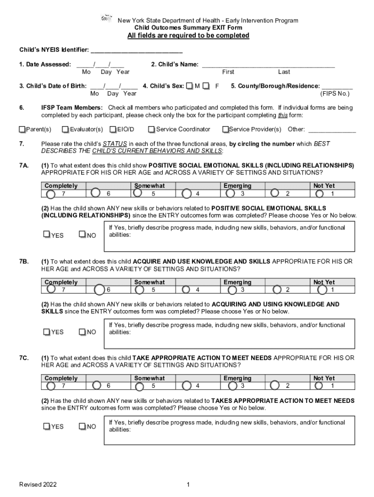 Fillable Online Child Outcomes Summary EXIT Form Fax Email Print ...