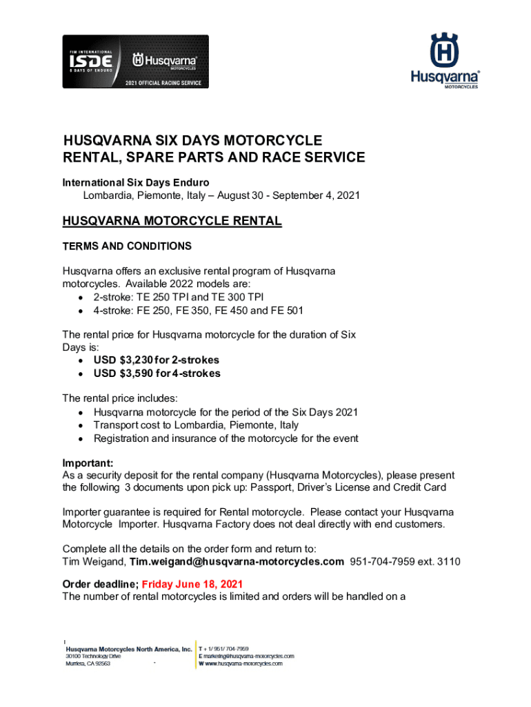 Fillable Online Husqvarna Motorcycles Bike Rental and Service packages ...