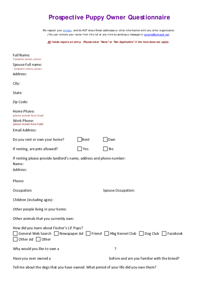 Fillable Online Prospective Puppy Owner Questionnaire Fax Email Print ...