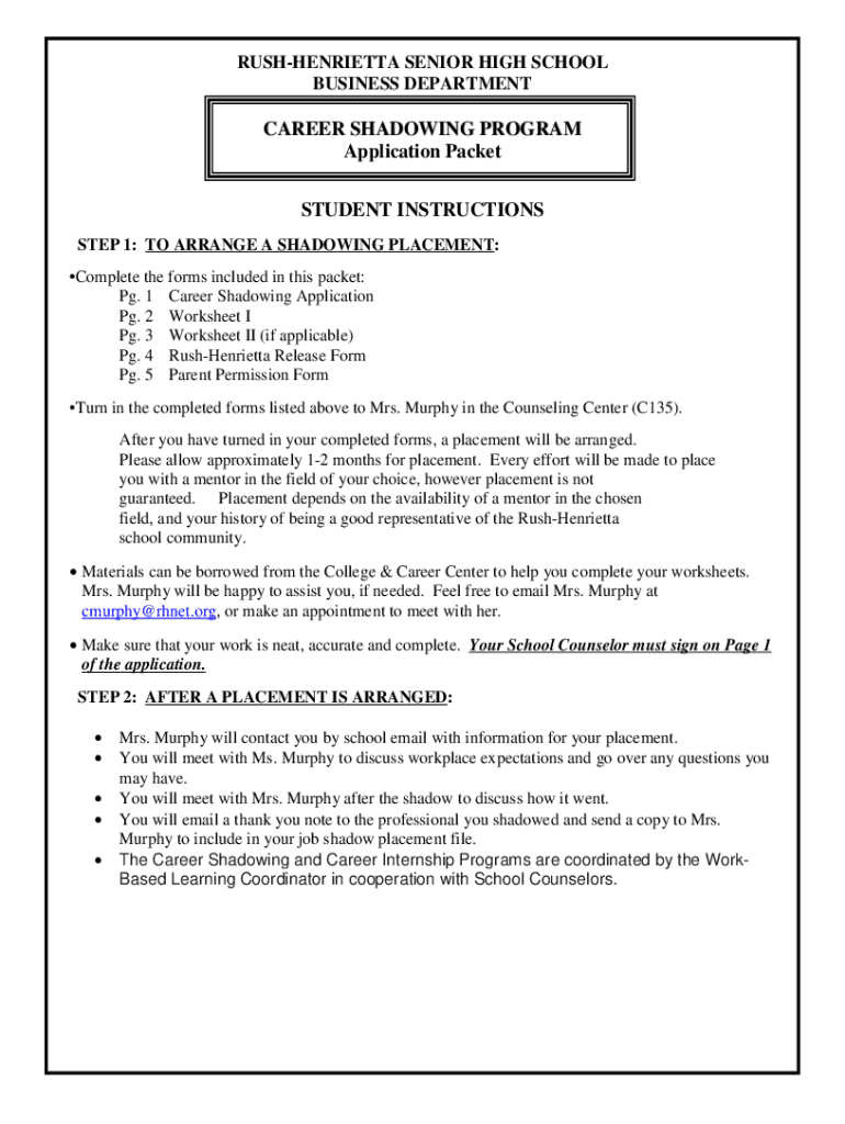 Fillable Online Student Educational Experience Service Shadow Program ...