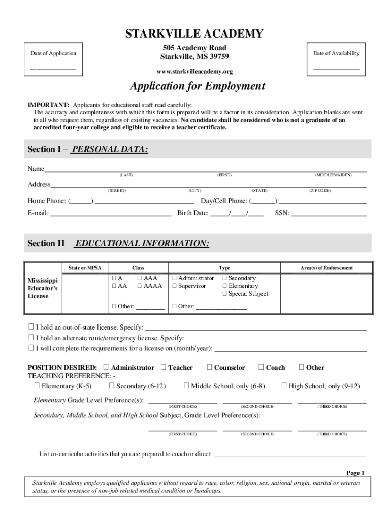 Fillable Online STARKVILLE ACADEMY Application for Employment Fax Email ...