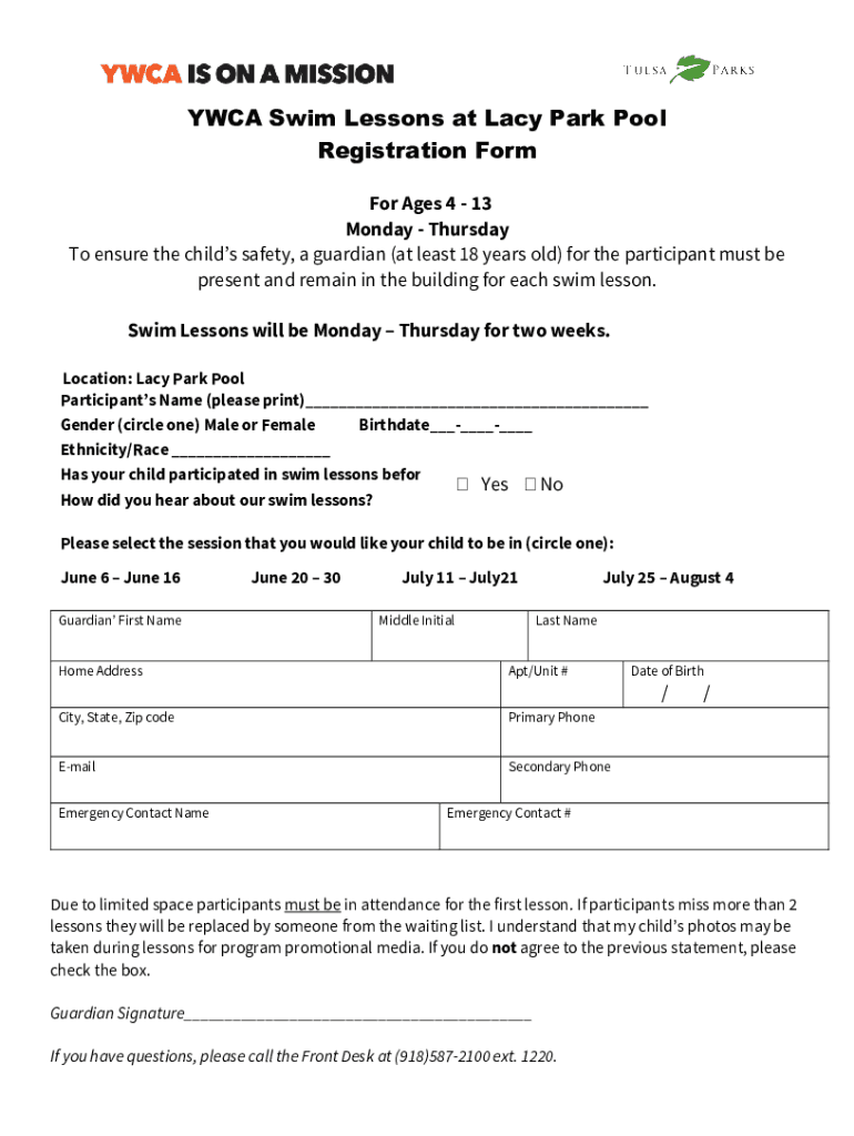 Fillable Online YWCA Swim Lessons at Lacy Park Pool Registration Form ...