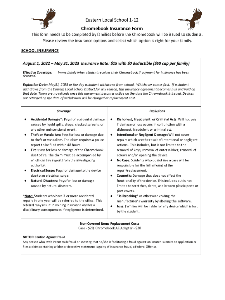 Fillable Online Eastern Local School 1-12 Chromebook Insurance Form Fax Email Print - pdfFiller