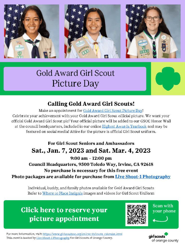 Fillable Online Gold Award Picture Day. Calling Gold Award Girl Scouts ...