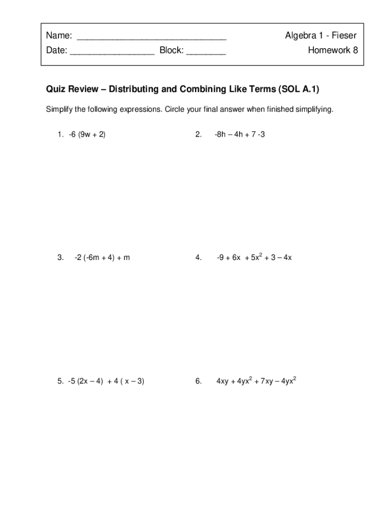 Fillable Online Combine like terms and distributive property worksheet ...