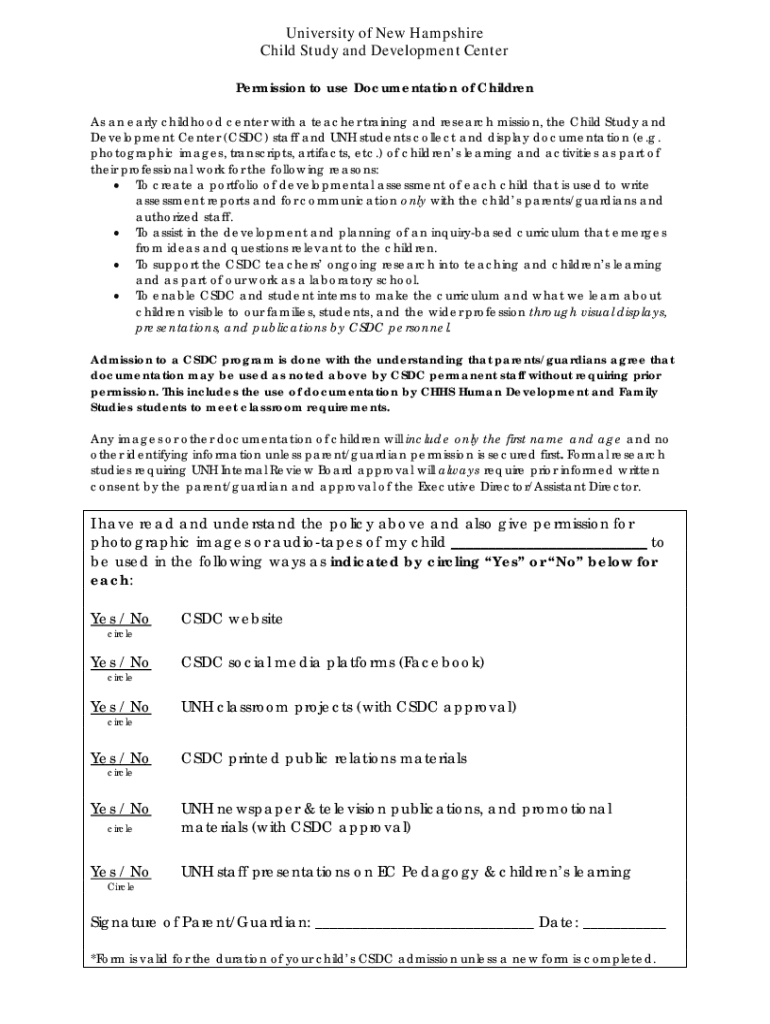 Fillable Online chhs unh Information for StudentsChild Study and ...
