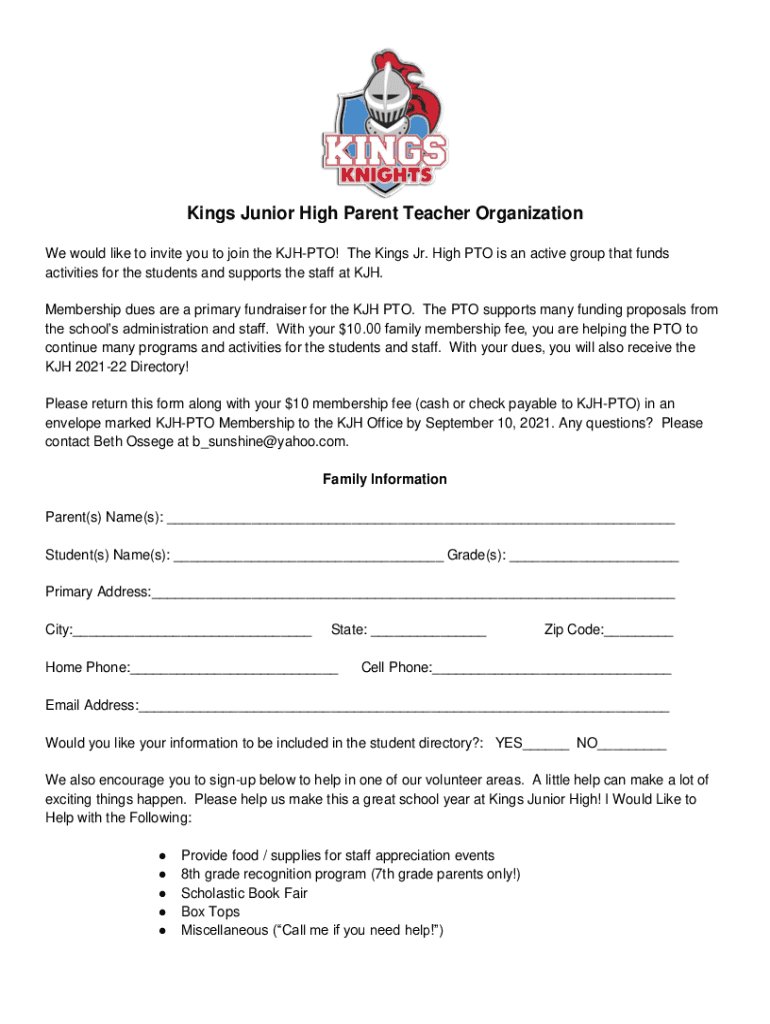 Fillable Online Kings Junior High Parent Teacher Organization Membership Form Fax Email Print ...