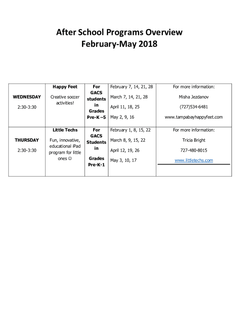 Fillable Online After School Programs Overview February-May 2018 Fax Email Print - pdfFiller