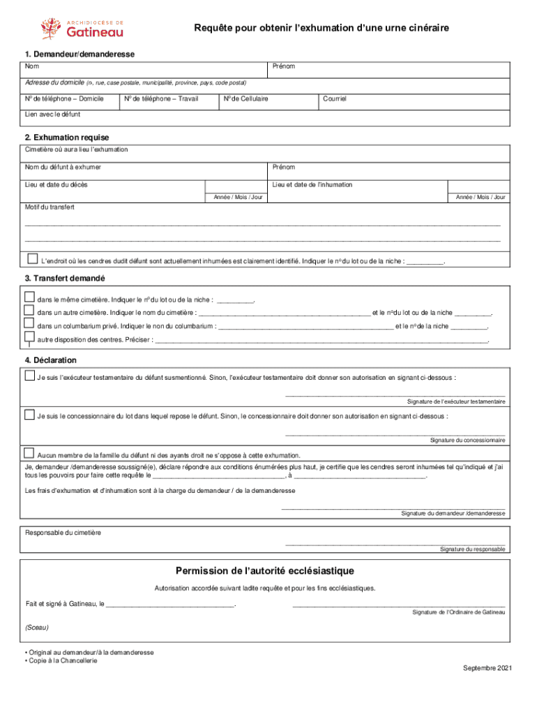 Remplissable En Ligne Requte pour obtenir l'exhumation d'une urne ...