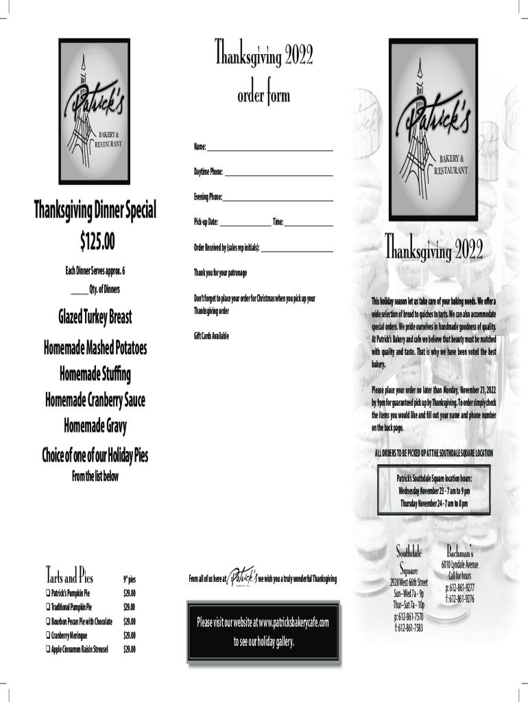 Fillable Online We have our thanksgiving order form... - Three Girls ...