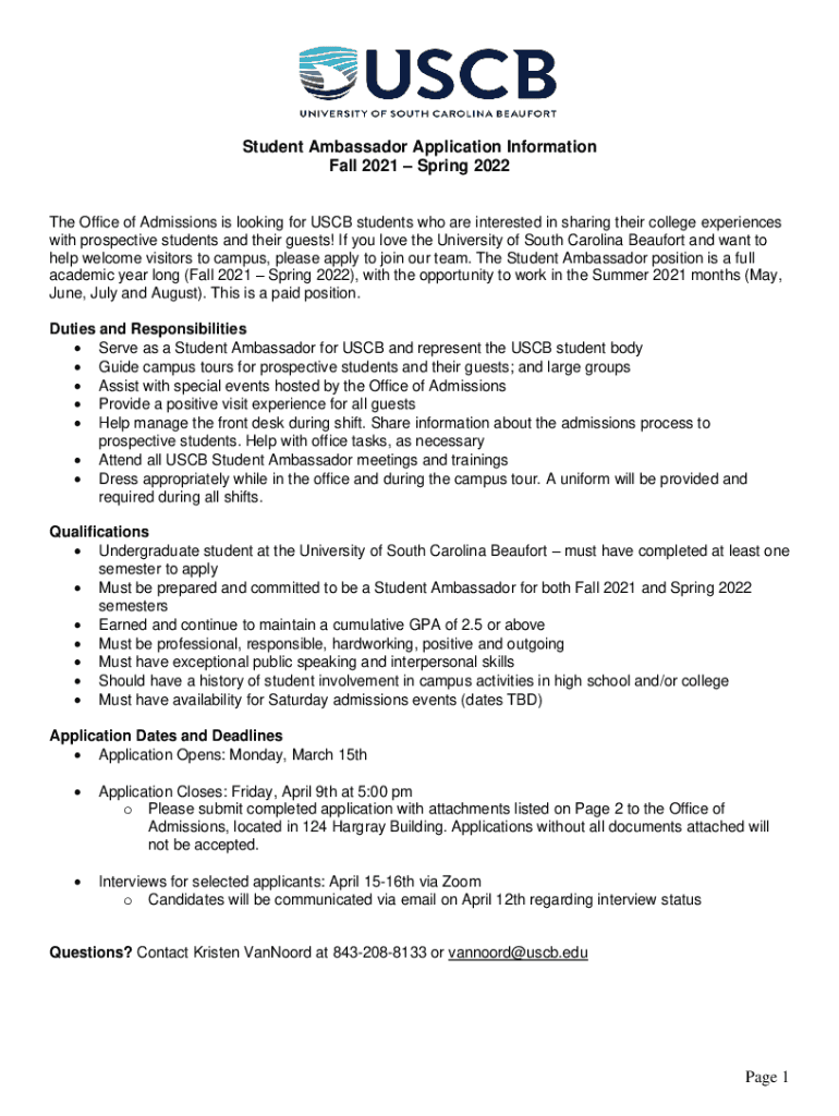 Fillable Online Page 1 Student Ambassador Application Information Fall ...