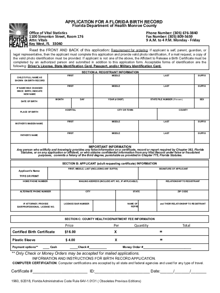 Fillable Online Birth CertificatesFlorida Department of Health in ...
