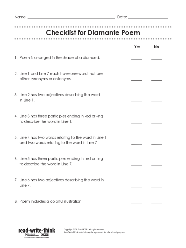 Fillable Online Diamante Poem Template Pdf Fax Email Print PdfFiller
