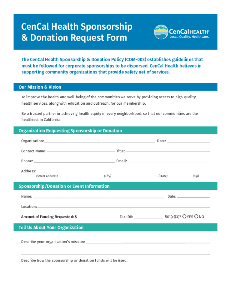Fillable Online CenCal Health Sponsorship & Donation Request Form Fax ...